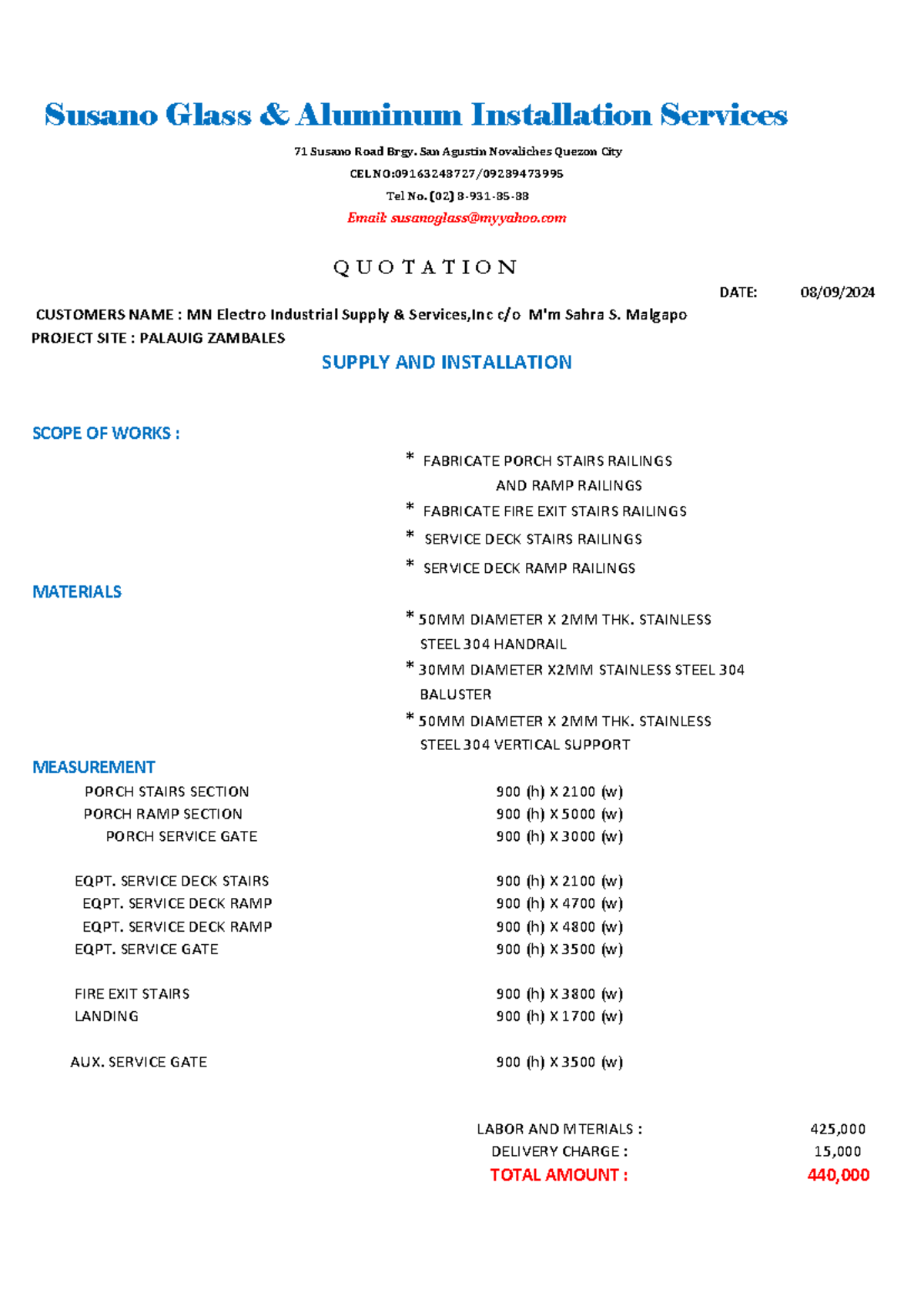Sample Quotation - Susano Glass & Aluminum Installation Services DATE ...