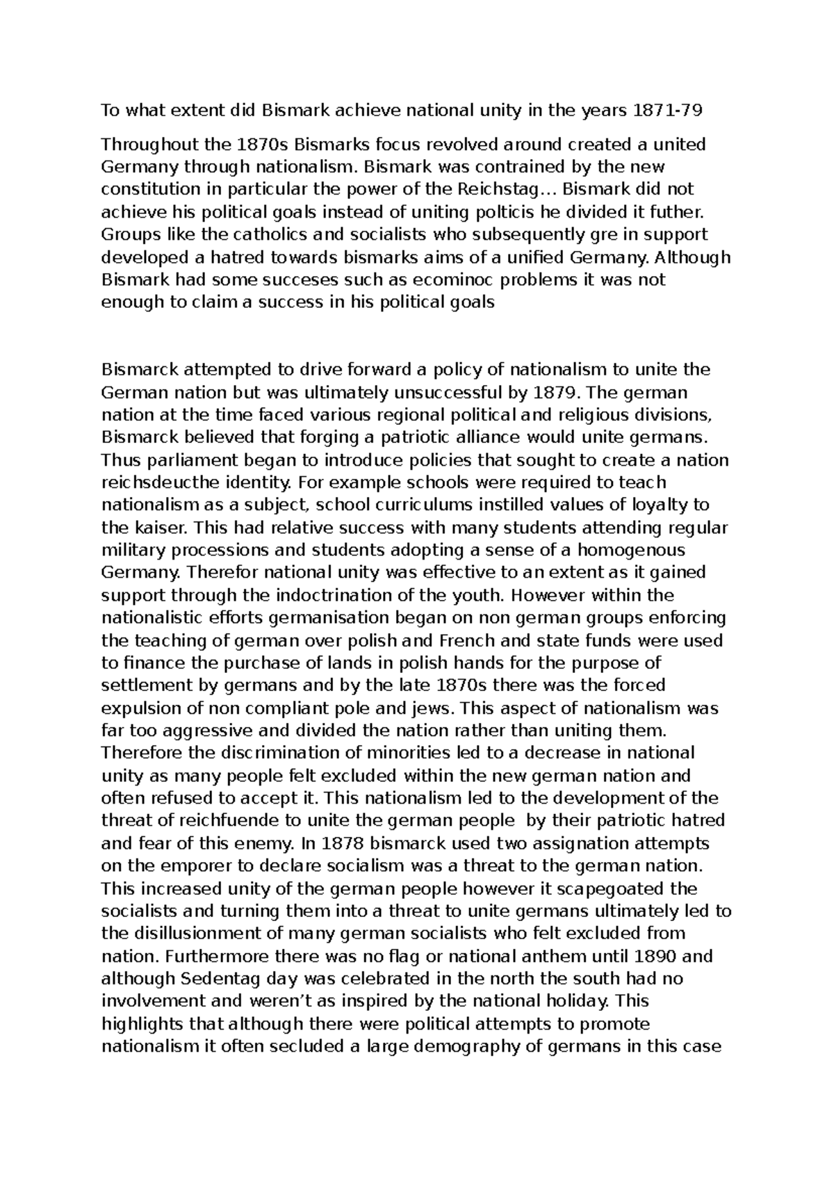 HIST 202: Bismarck's Nationalism and the Quest for German Unity (1871 ...
