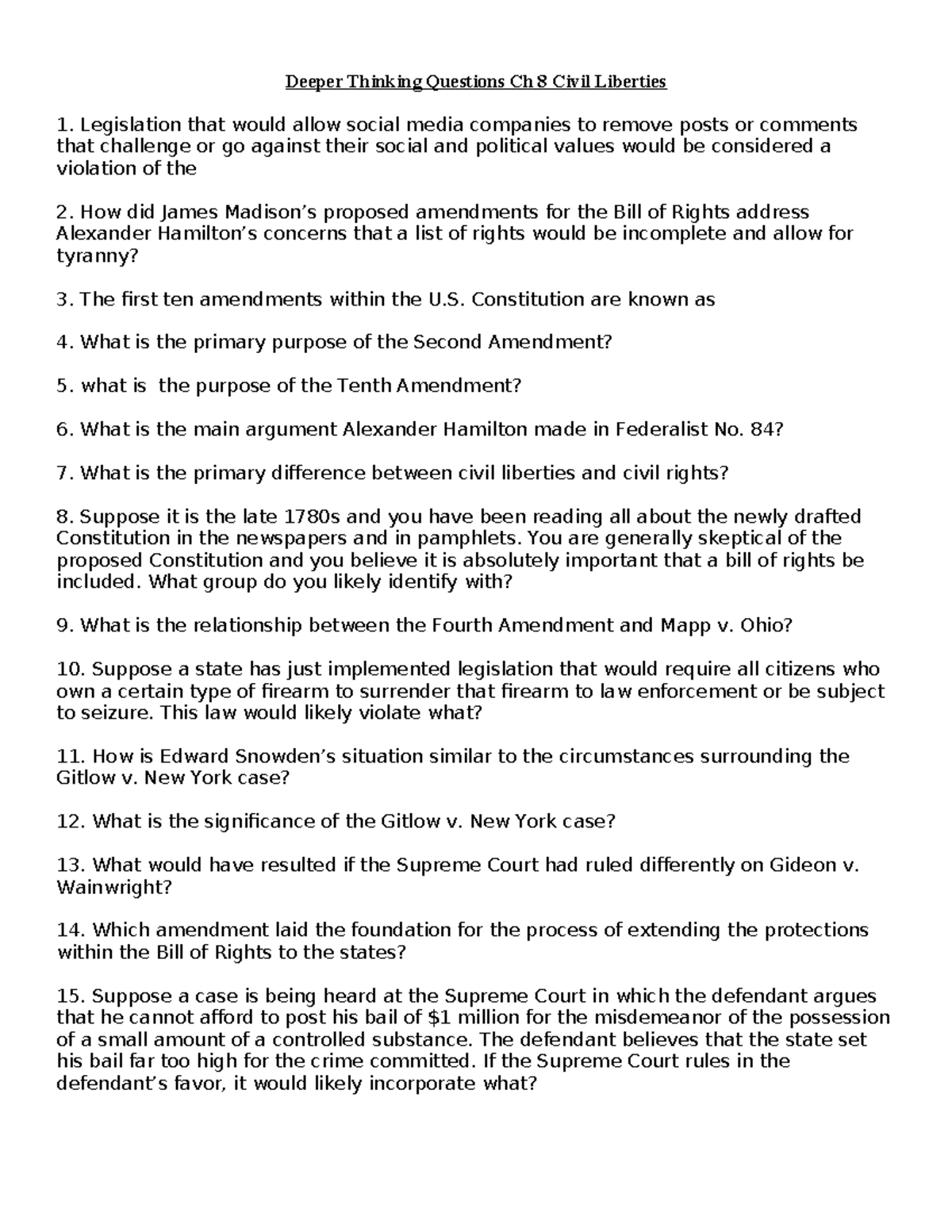 Deeper Thinking Questions: Ch 8 Civil Liberties Insights - Studocu