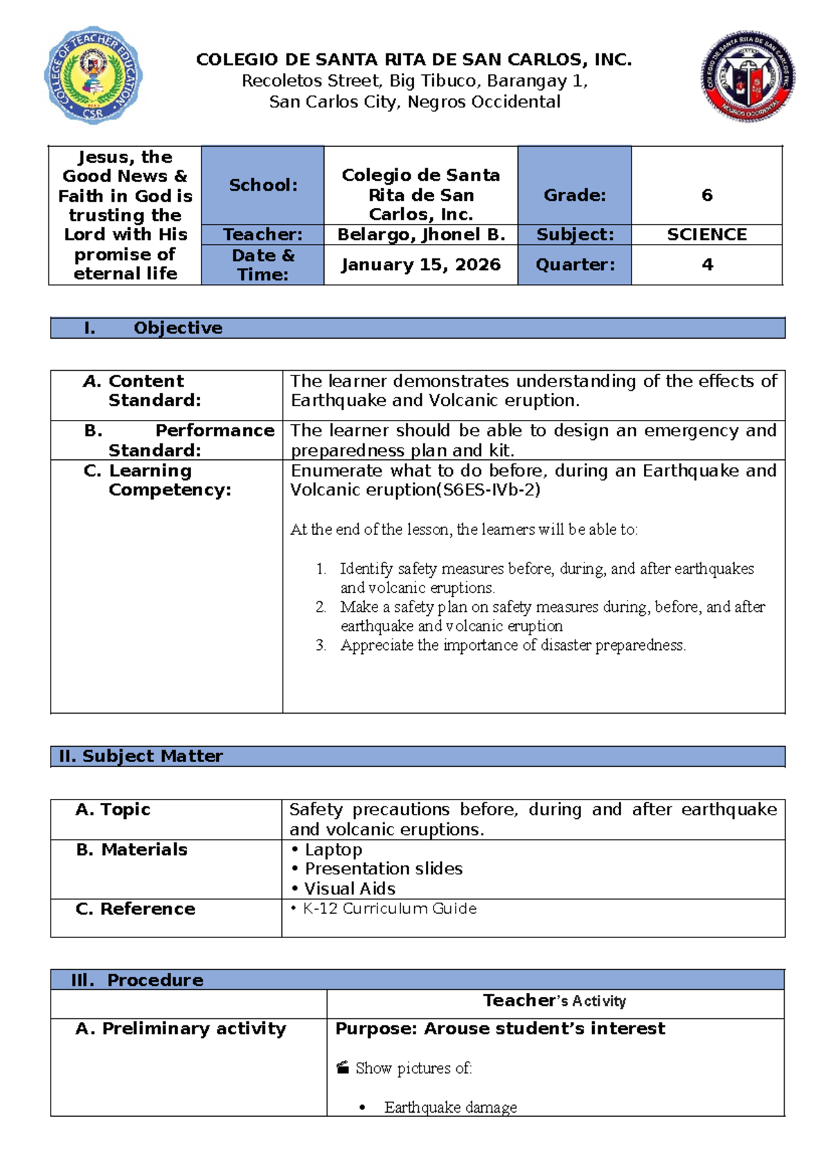 Grade 6 Science Lesson Plan: Earthquake & Volcanic Safety Preparedness ...