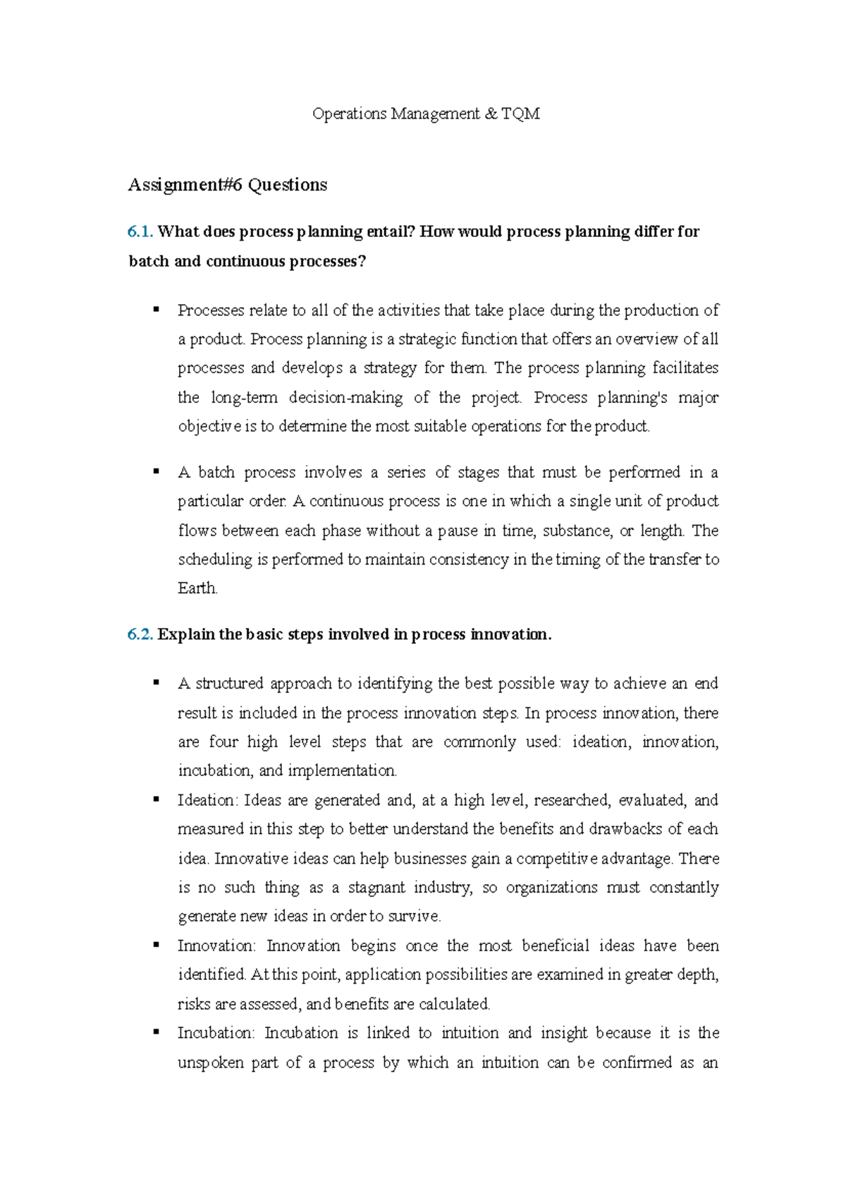 Assignment 6 - Operations Management and TQM - Operations Management & TQM Assignment#6 - Studocu