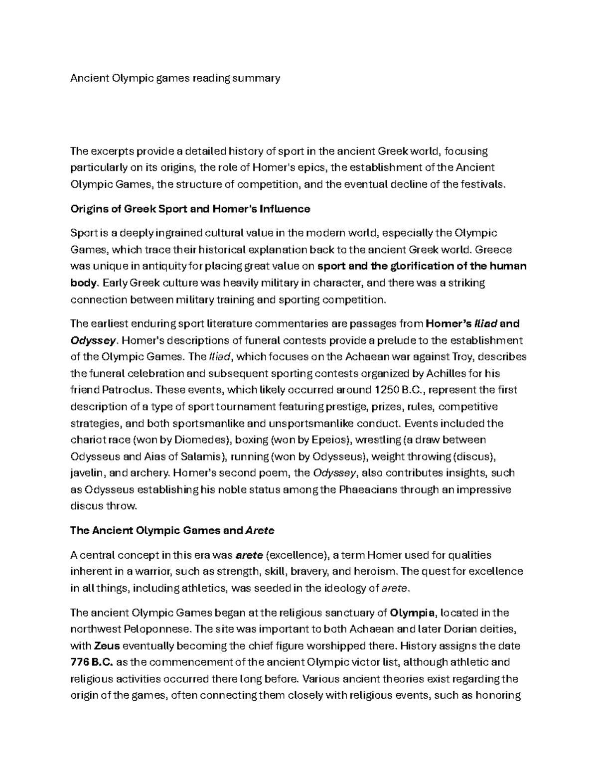 Ancient Olympic Games: A Detailed Reading Summary - Studocu