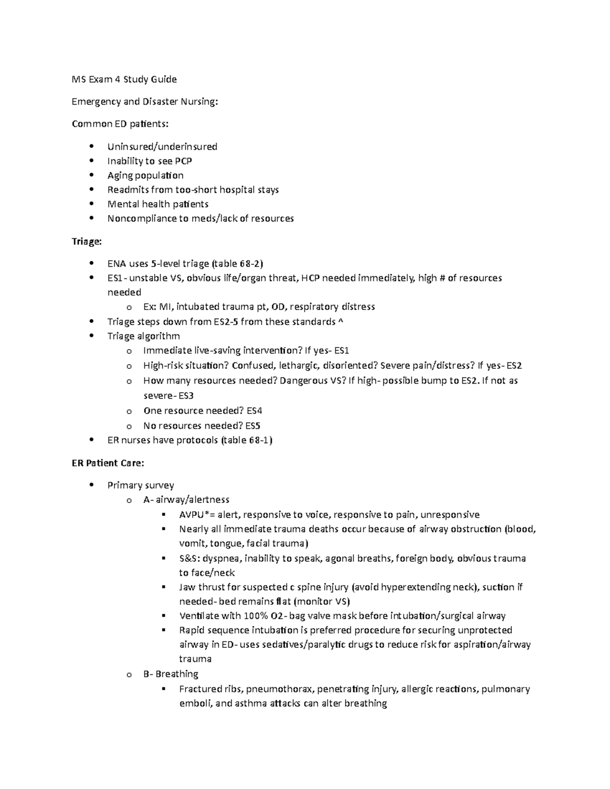Exam 4 study guide - med surg 3 - MS Exam 4 Study Guide Emergency and ...