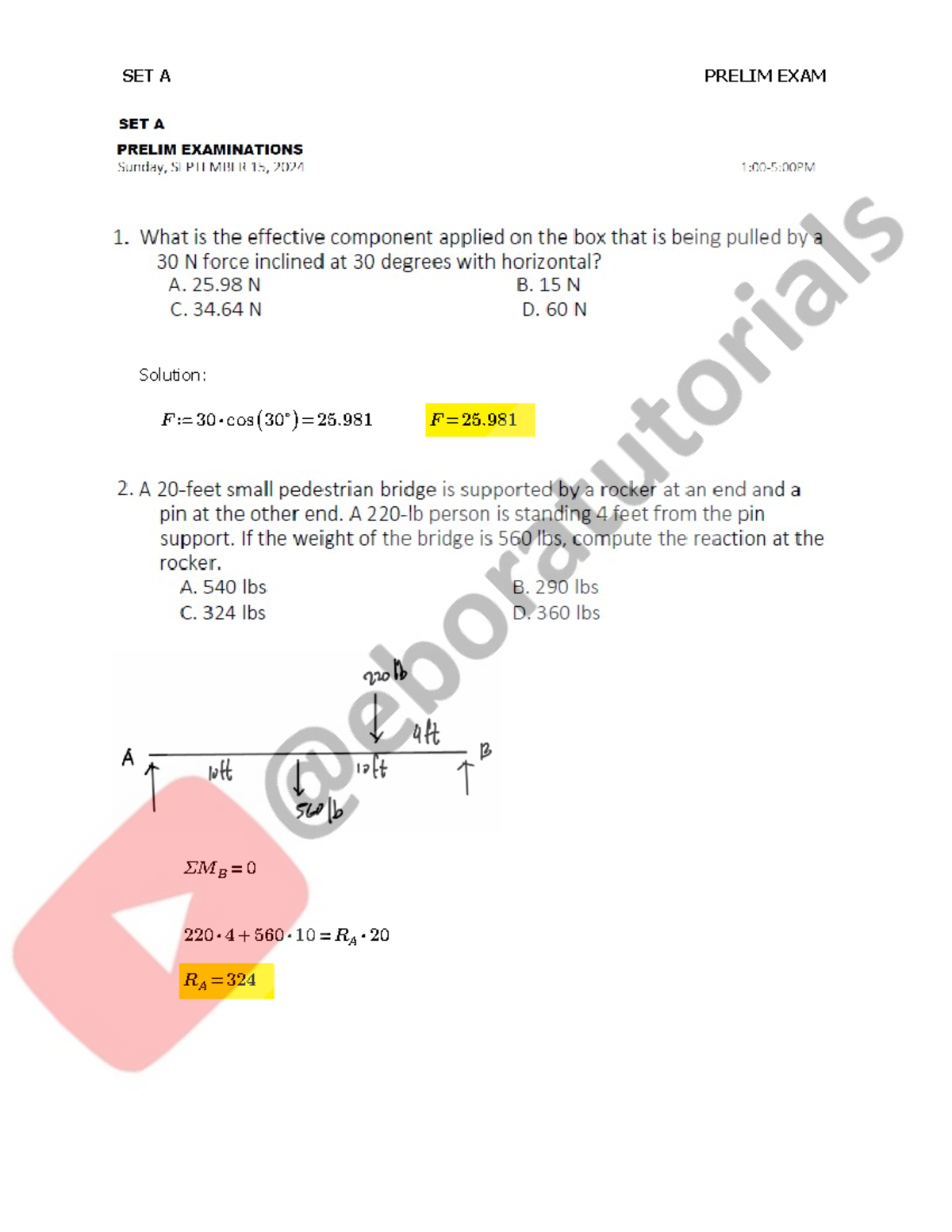 Prelim Solution - Set A (student copy) - Solution: F ≔ 30 ⋅cos = ( ( 30 ...