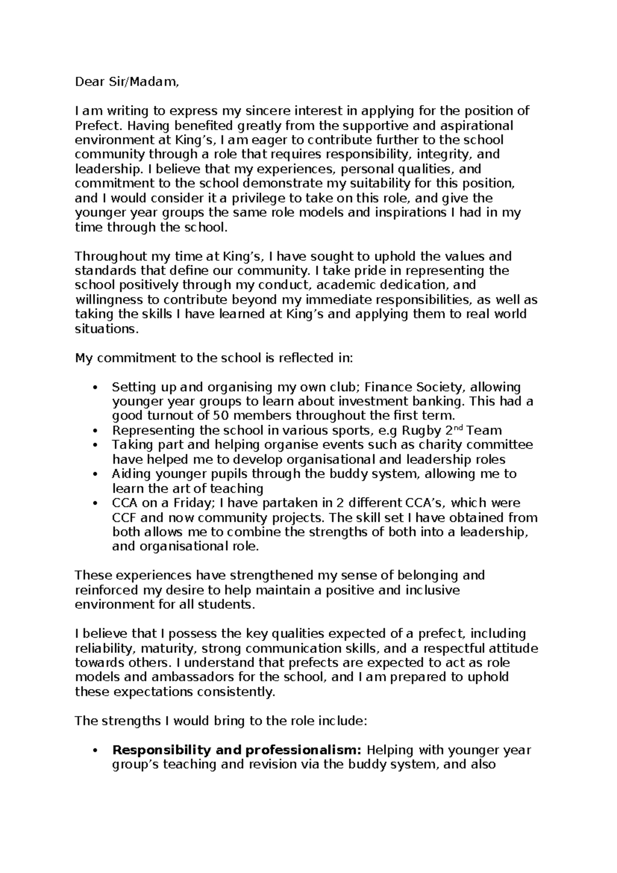 Application for Prefect Position - L6M2 - Studocu