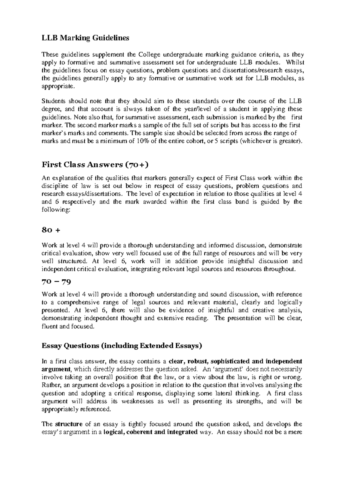LLB Undergraduate Marking Guidelines for Assessments - Studocu