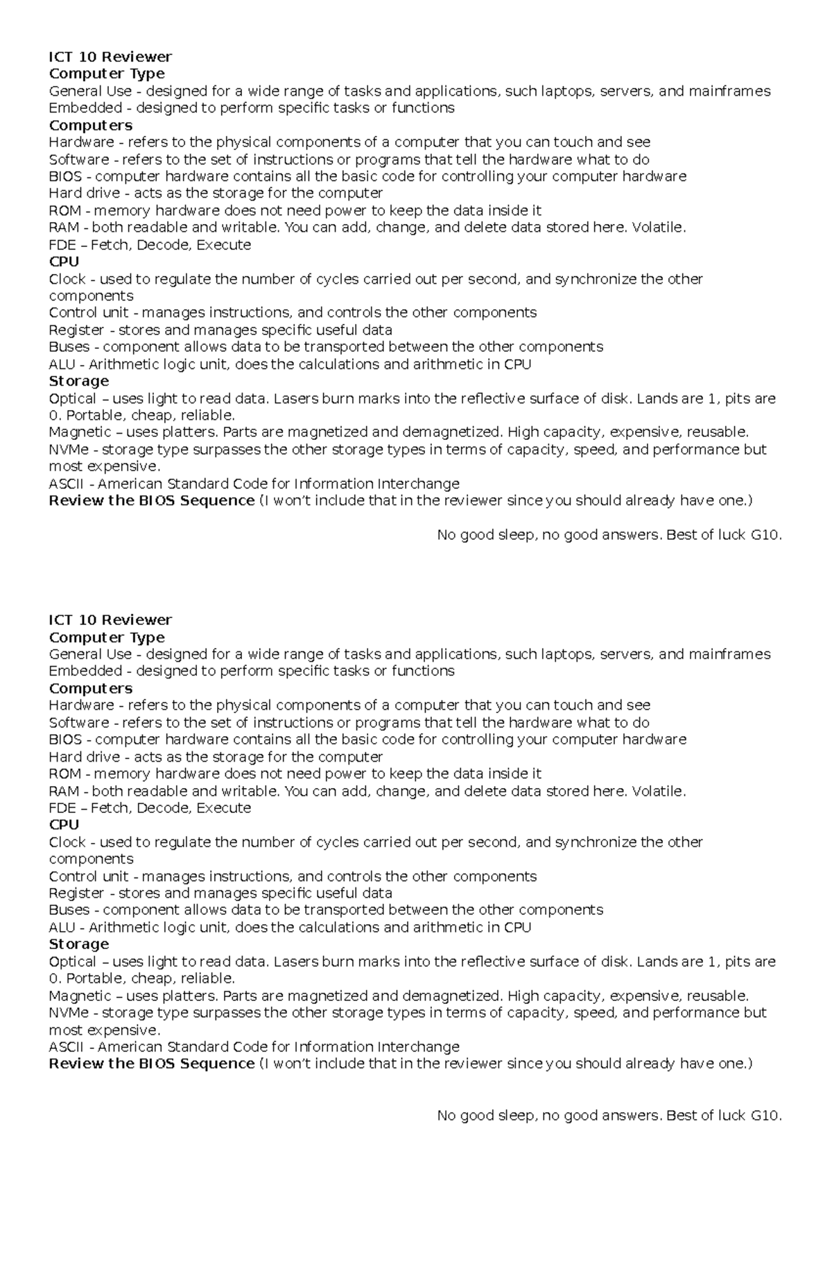 ICT 10 Comprehensive Reviewer on Computer Types and Hardware - Studocu