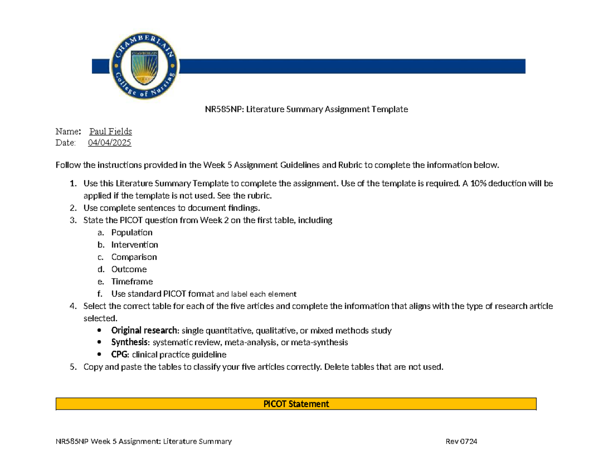 NR585NP: Literature Summary Assignment Template for Week 5 - Studocu