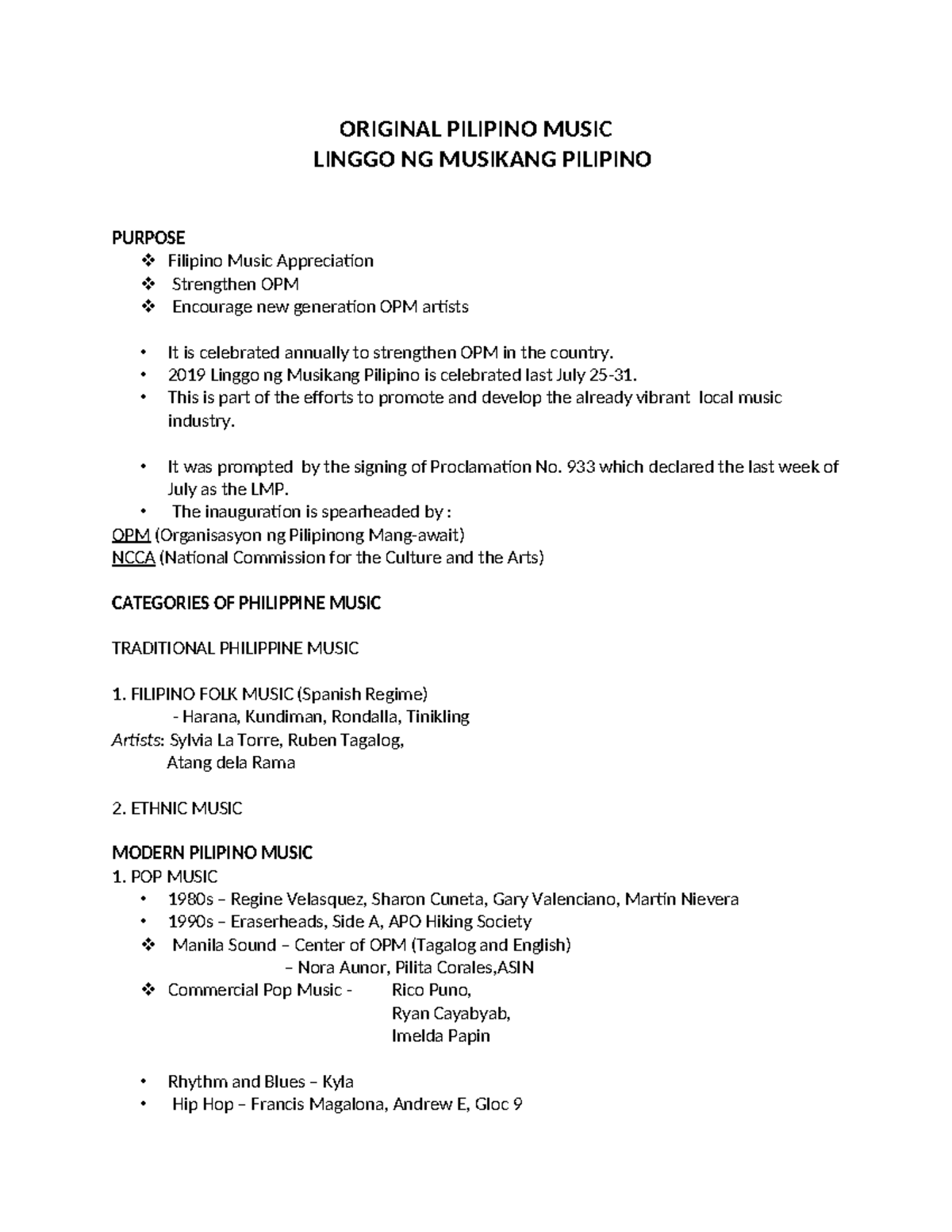 Outline - Linggo ng Musikang Pilipino & OPM - CPAR 4th Quarter - Studocu