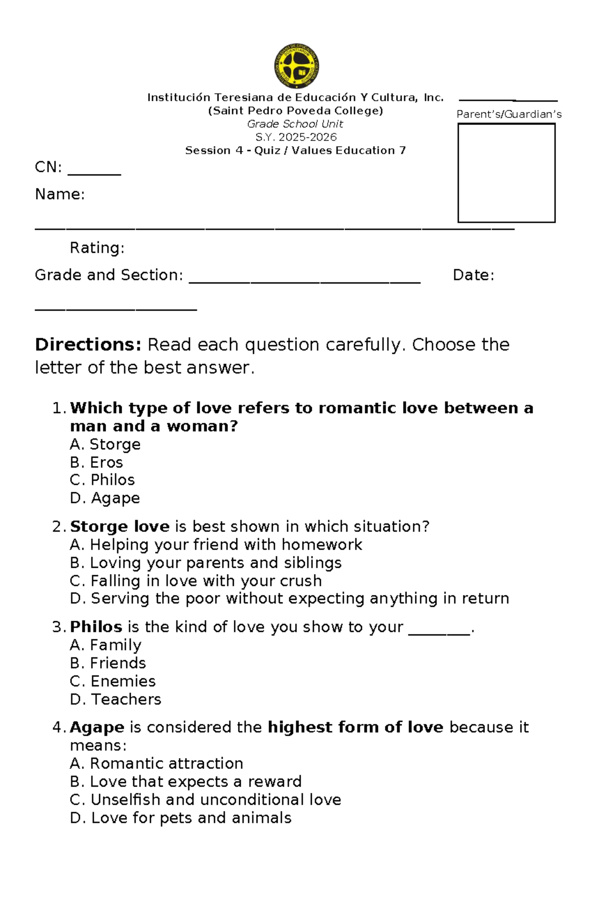 CN: Values Education 7 S.Y. Session 4 Quiz - Institución Teresiana ...