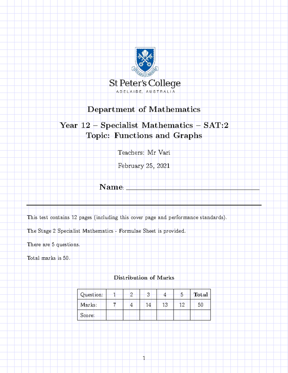 12 Specialist Mathematics SAT:2 (2021) Functions & Graphs Exam - Studocu