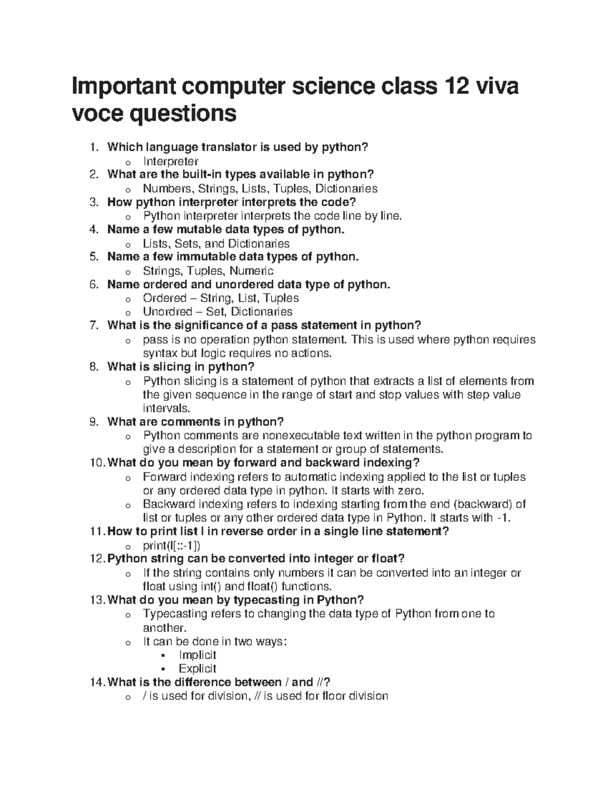 Class 12 CS Viva Voce Questions: Key Python Concepts and Functions ...