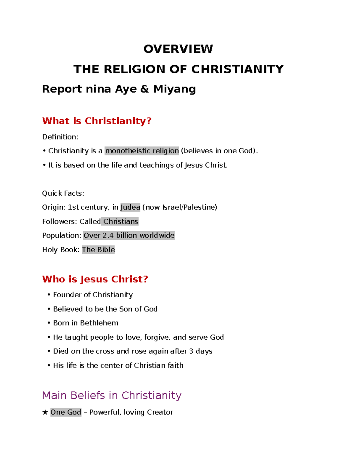 Overview of Christianity: Key Beliefs and Facts Report - Studocu