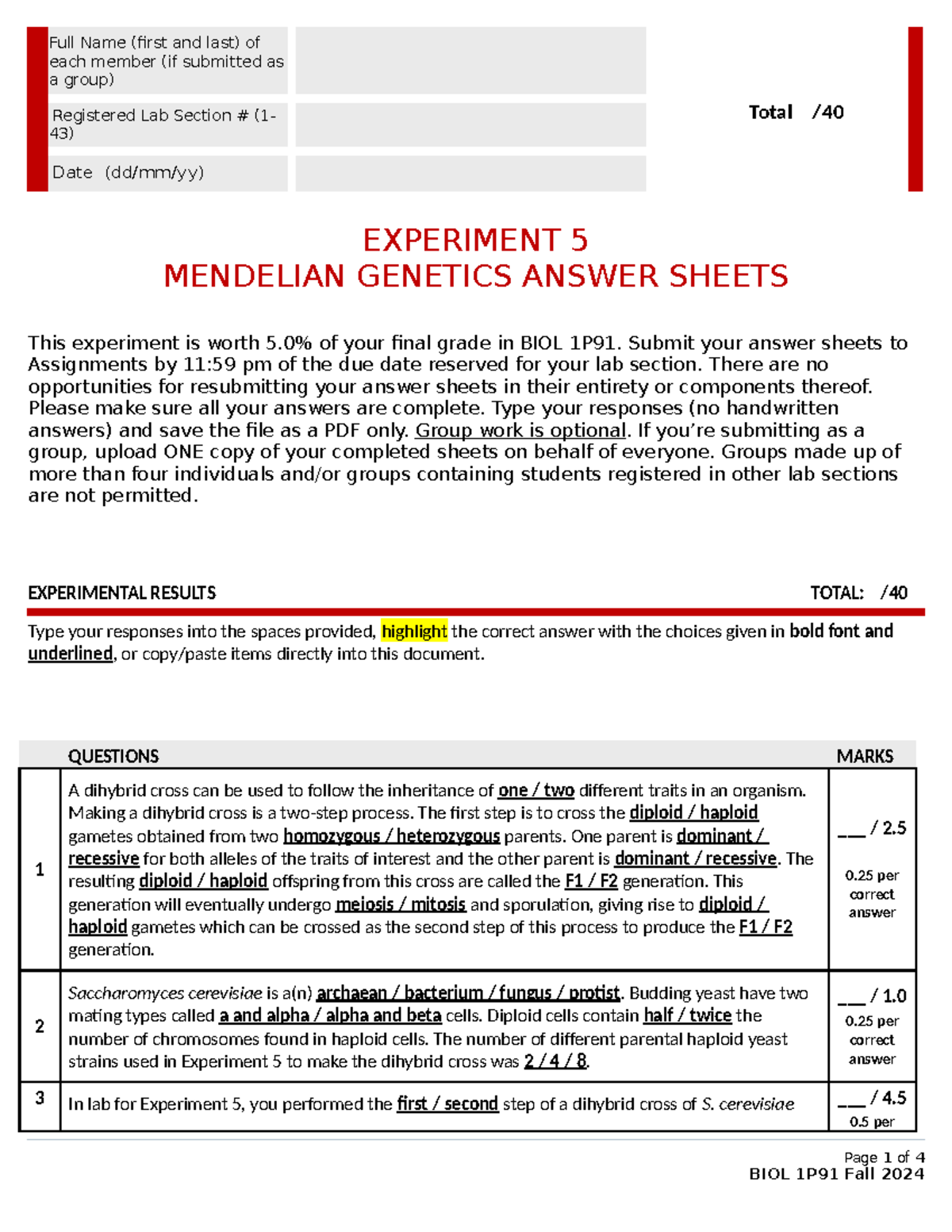 Experiment 5 Answer Sheets: Mendelian Genetics for BIOL 1P91 - Studocu