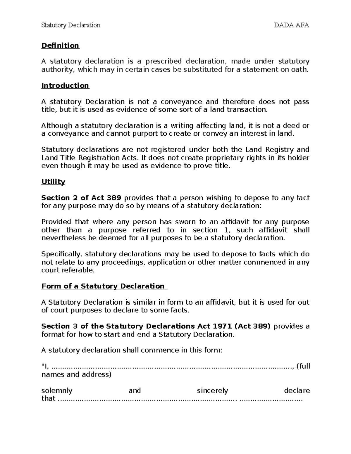 Statutory Declaration Overview: DADA AFA Guidelines and Purpose - Studocu