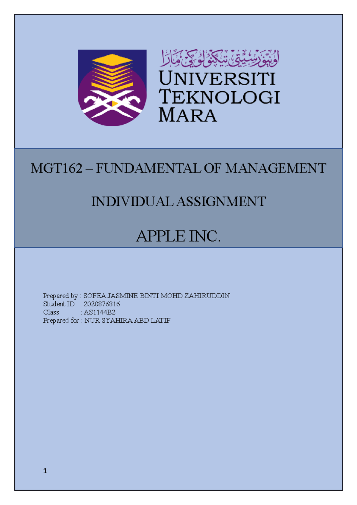 MGT162 Individual Assignment: Analyzing Apple Inc.'s Management ...