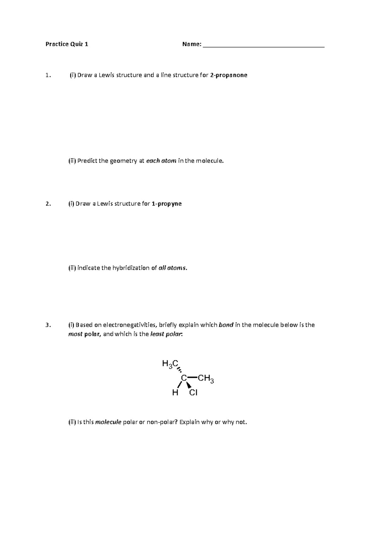 Practice Quiz 1: Lewis Structures, Geometry, and Polar Bonds - Studocu