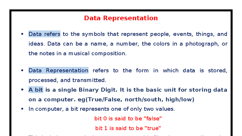 Data Representation: Understanding Bits, Bytes, and Memory Units - Studocu