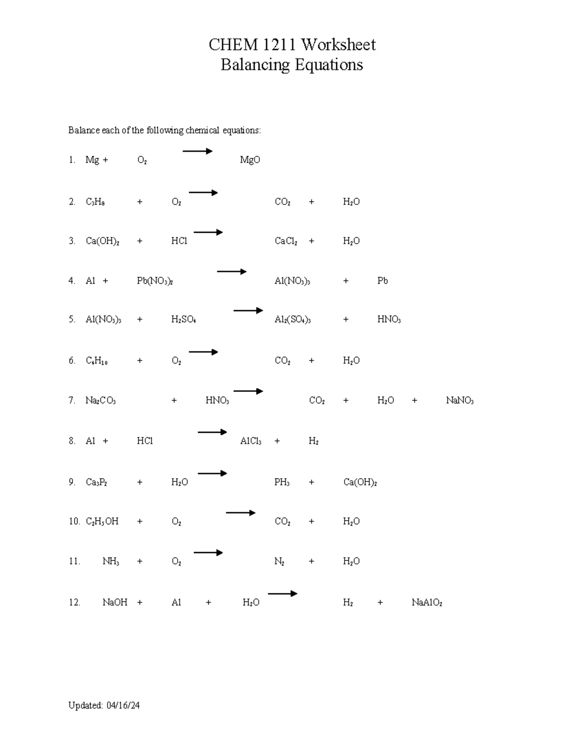 Chemistry Balancing Equations Worksheet 1