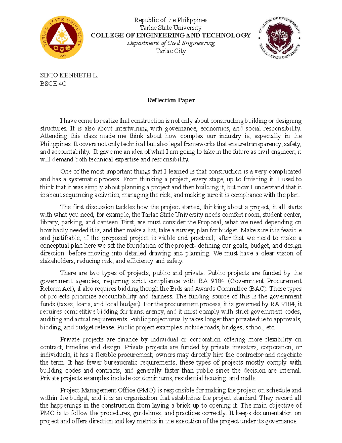 BSCE 4C Reflection Paper: Insights on Construction Management - Studocu