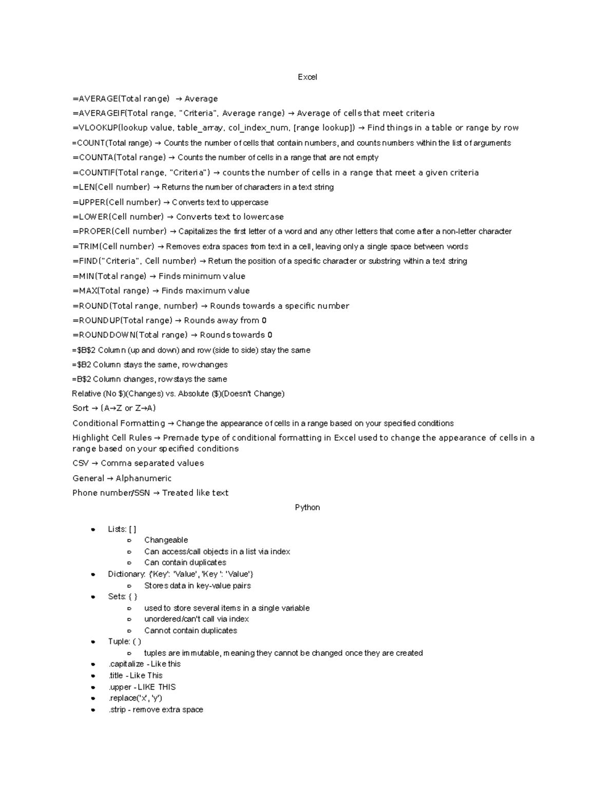 Excel & Python Basics: Key Functions & Data Structures (CS101) - Studocu