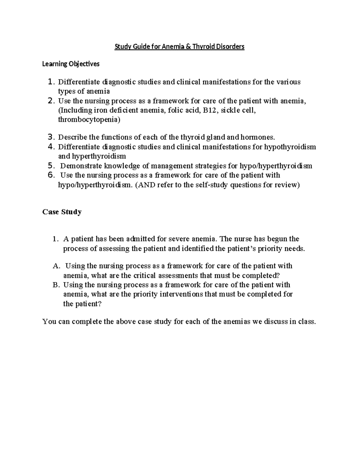 Study Guide for Anemia & Thyroid Disorders (NURS 101) - Studocu