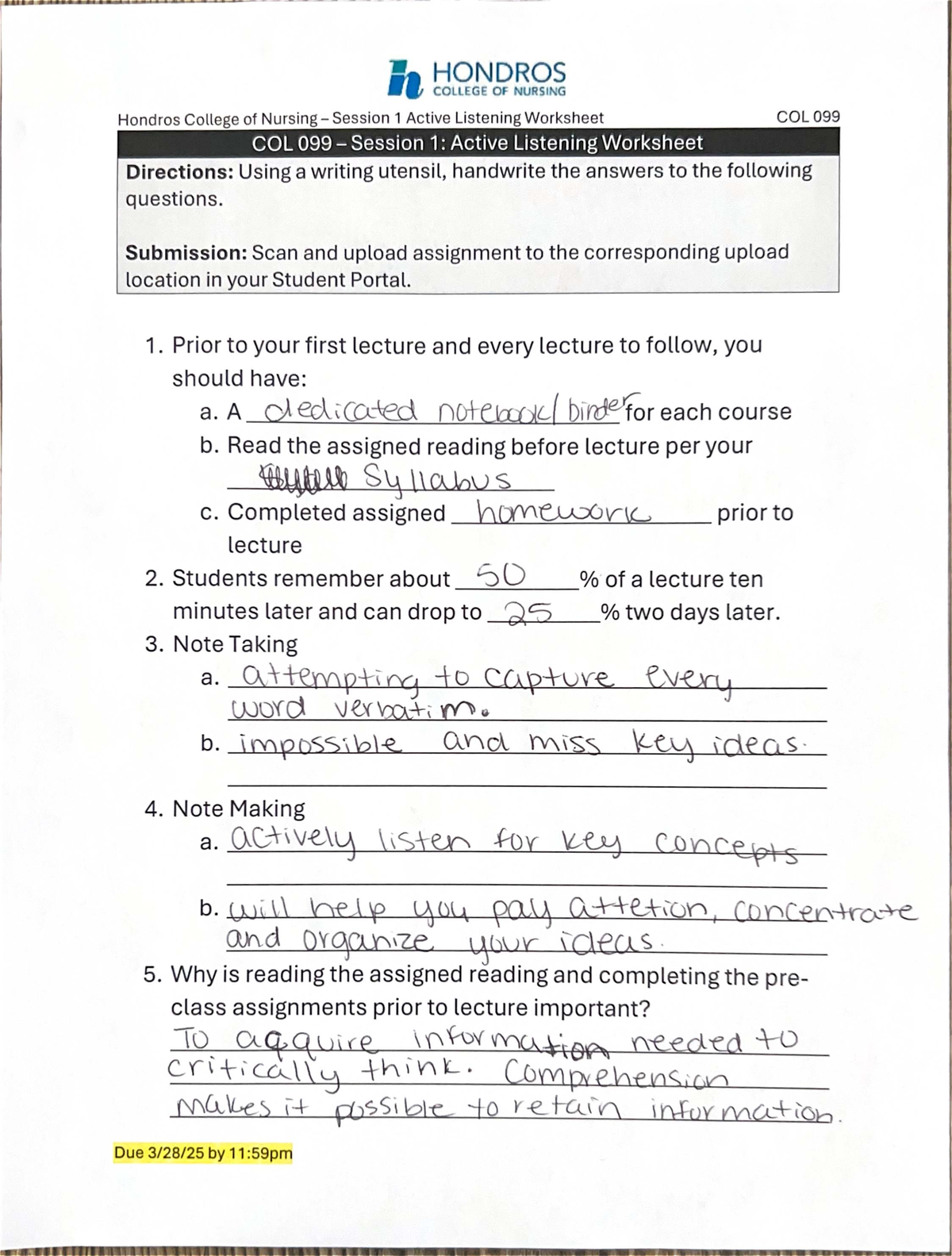 COL 099 Session 1: Active Listening Worksheet Guide - Studocu