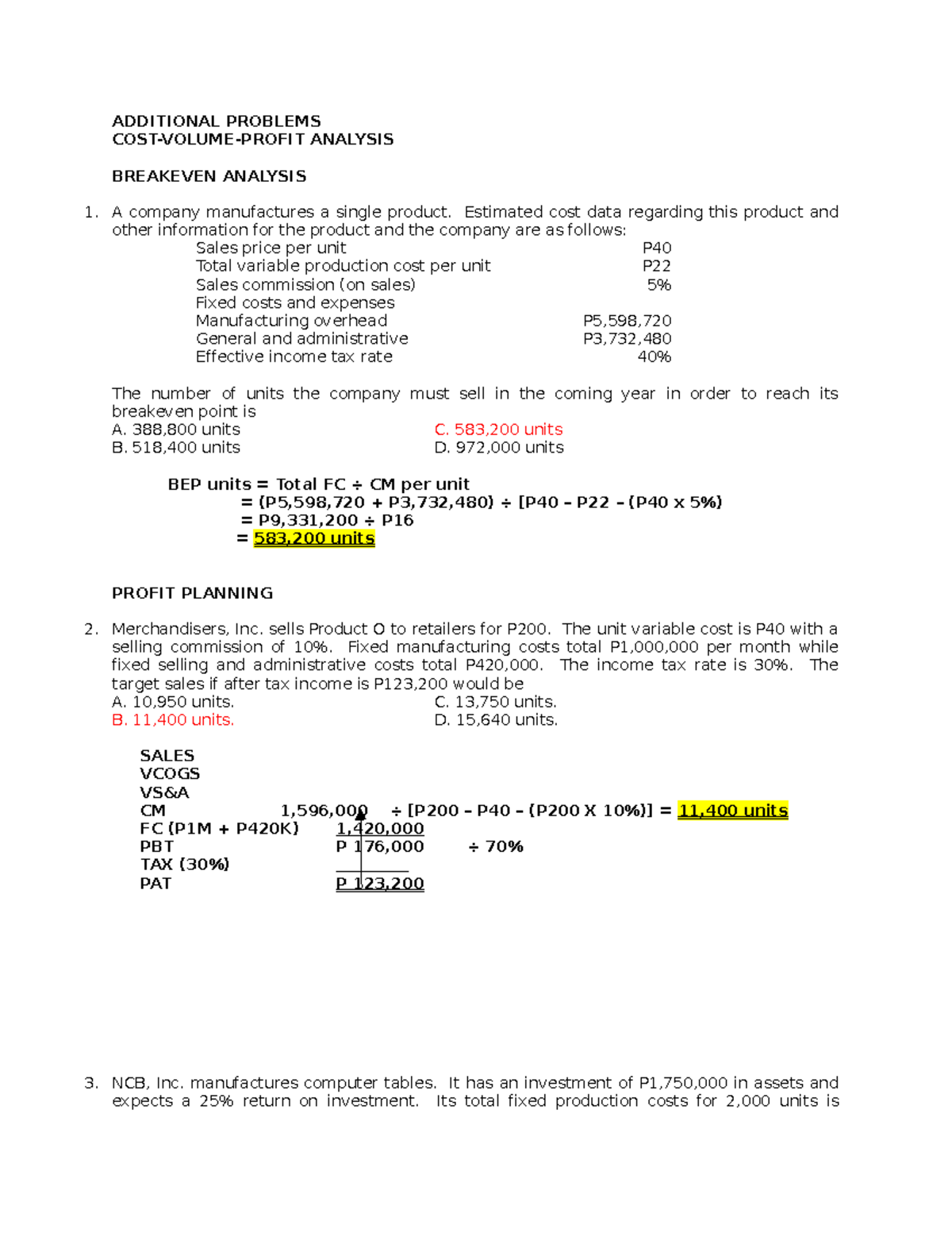 SCM1 (2022) - Chapter 2 - CVP Analysis - Additional Problems - ADDITIONAL PROBLEMS - Studocu
