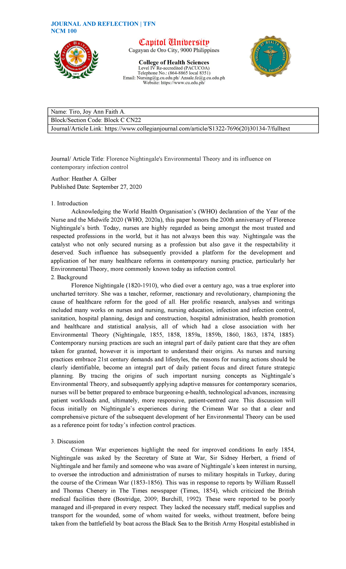 Joy Ann Faith Tiro- Journal & Reflection - JOURNAL AND REFLECTION | TFN ...