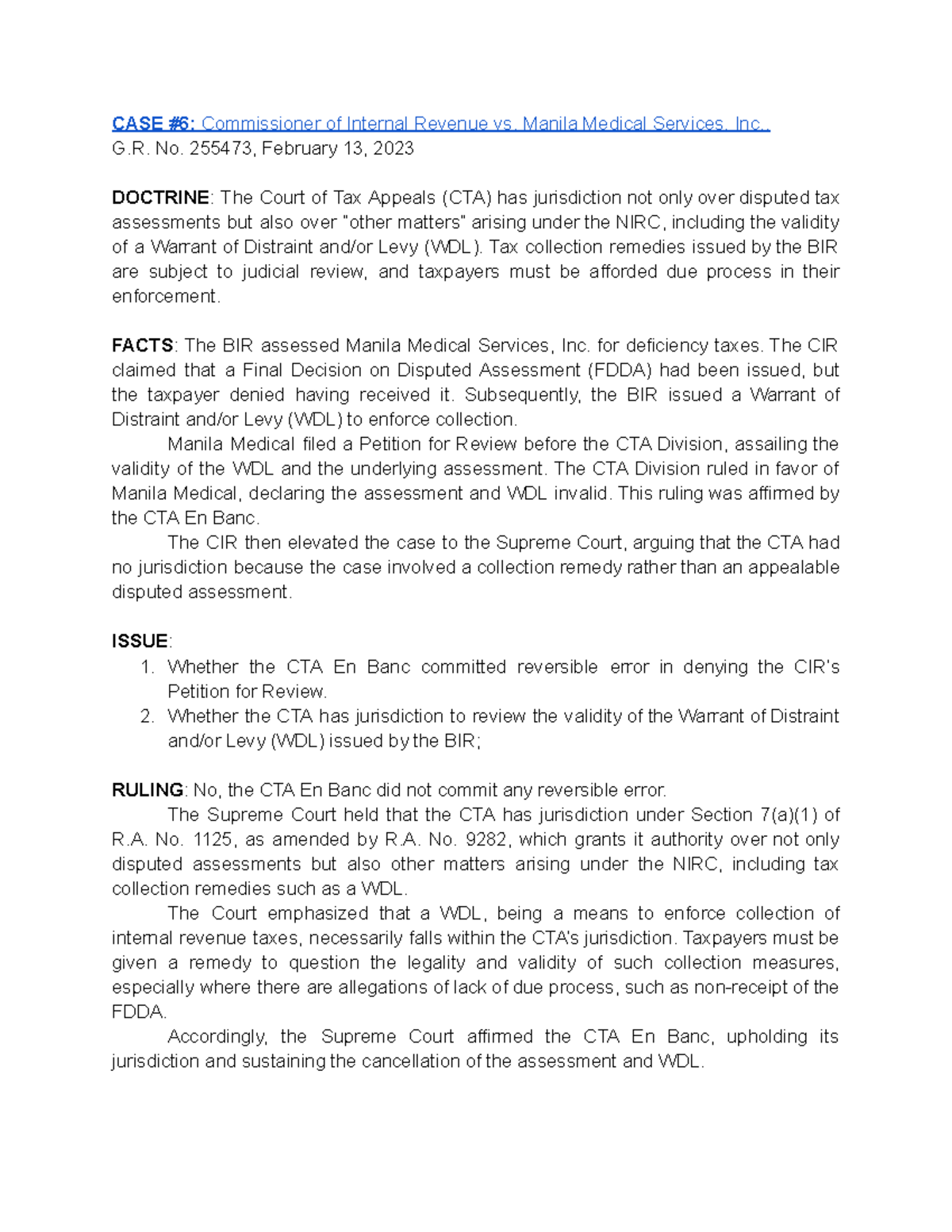 CASE Study: CIR vs. Manila Medical Services, Inc., G.R. No. 255473 ...