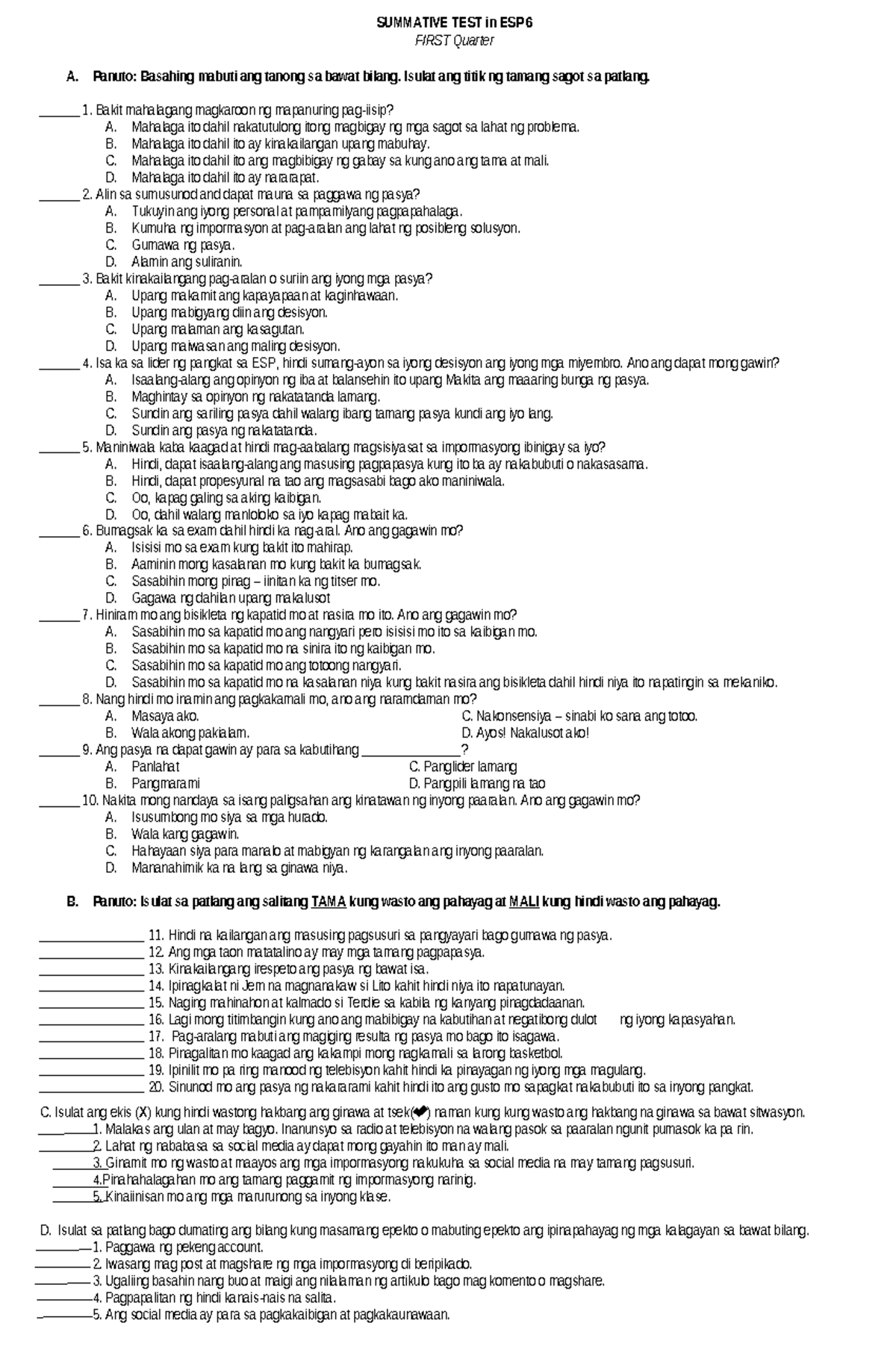 Summative Test in ESP 6 First Quarter: Decision-Making Skills - Studocu