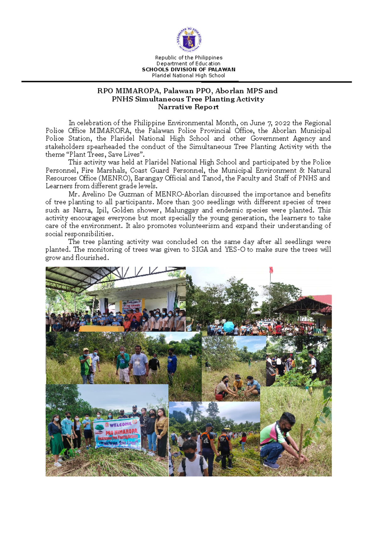 Simultaneous Tree Planting Activity Narrative Report - PNHS 2022 - Studocu