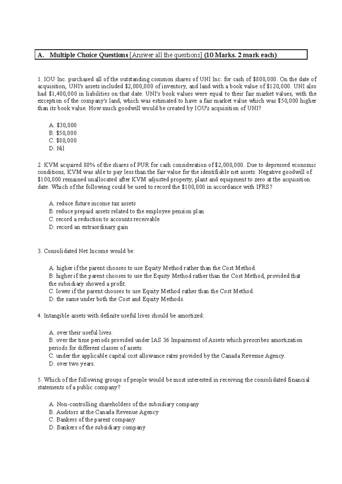 Final Exam Questions - Multiple Choice (BACC3102) Fall 2021 - Studocu