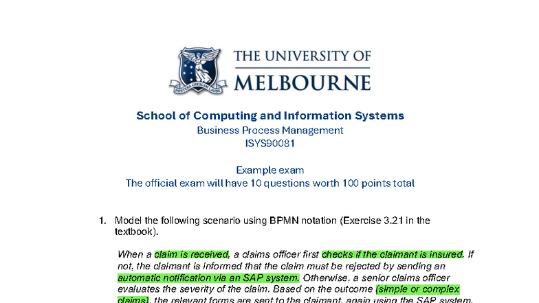 ISYS90081 Business Process Management Exam Sample Document - Studocu