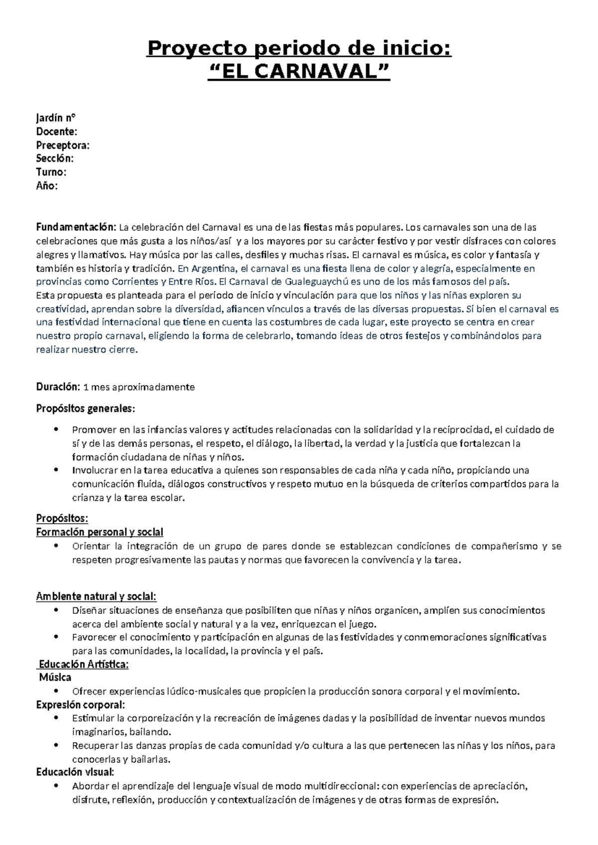 🎉🎭 Proyecto de Carnaval: Actividades para el Periodo de Inicio - Studocu