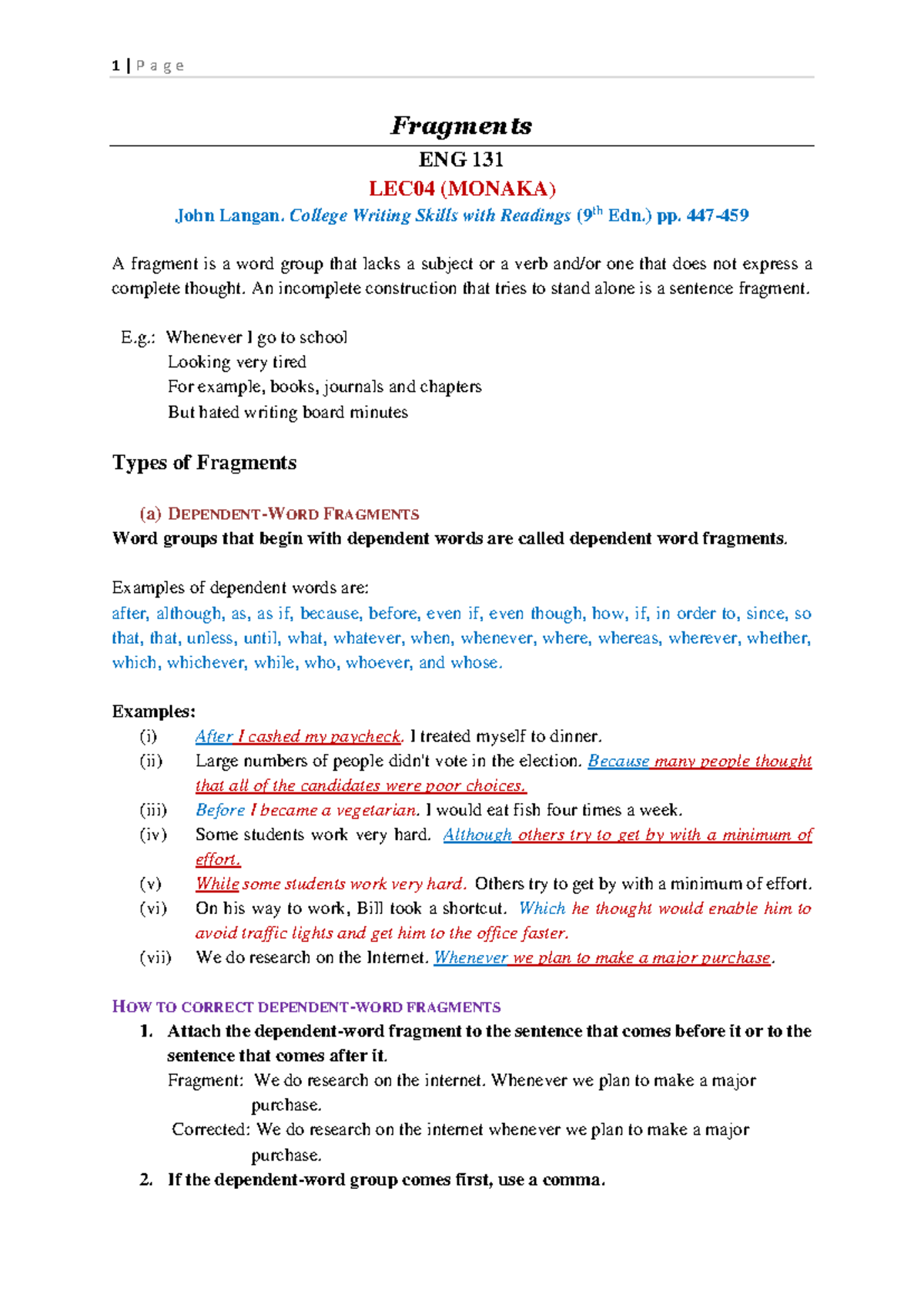 ENG121: Understanding Sentence Fragments and Their Corrections - Studocu