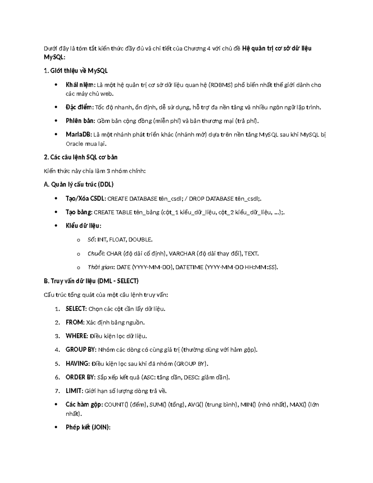 Tóm tắt kiến thức Chương 4: Hệ quản trị CSDL MySQL - Studocu