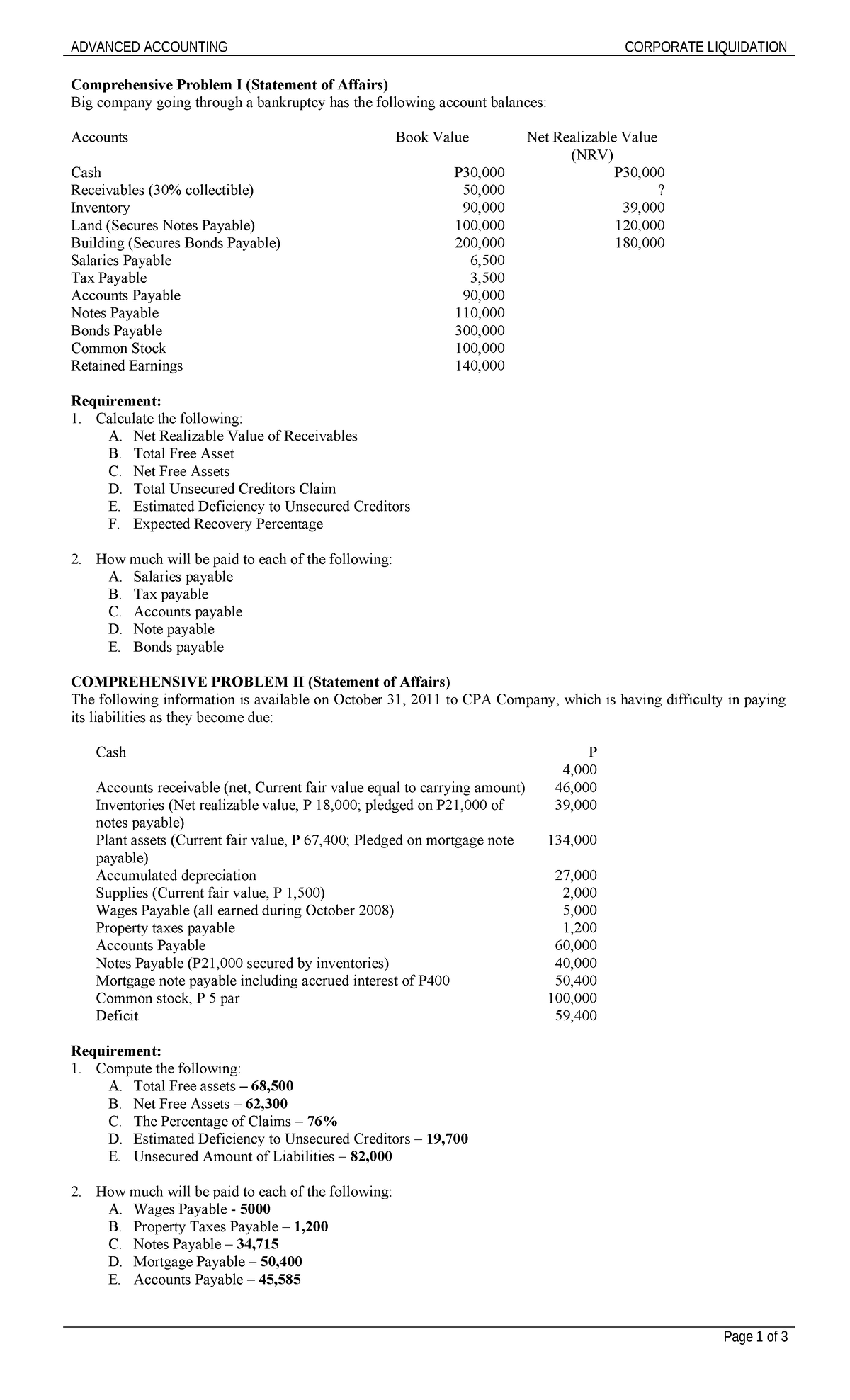 Advanced Accounting: Corporate Liquidation Comprehensive Problems - Studocu
