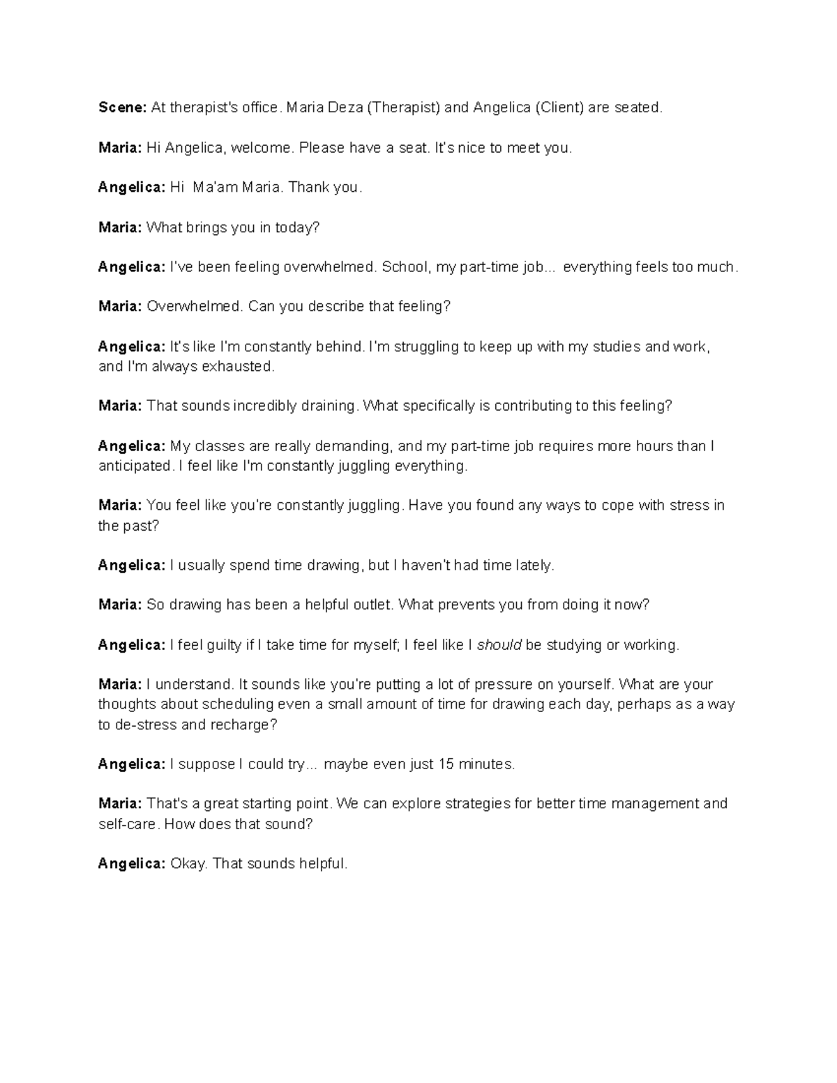 Counseling Script Sample - Scene: At therapist's office. Maria Deza ...