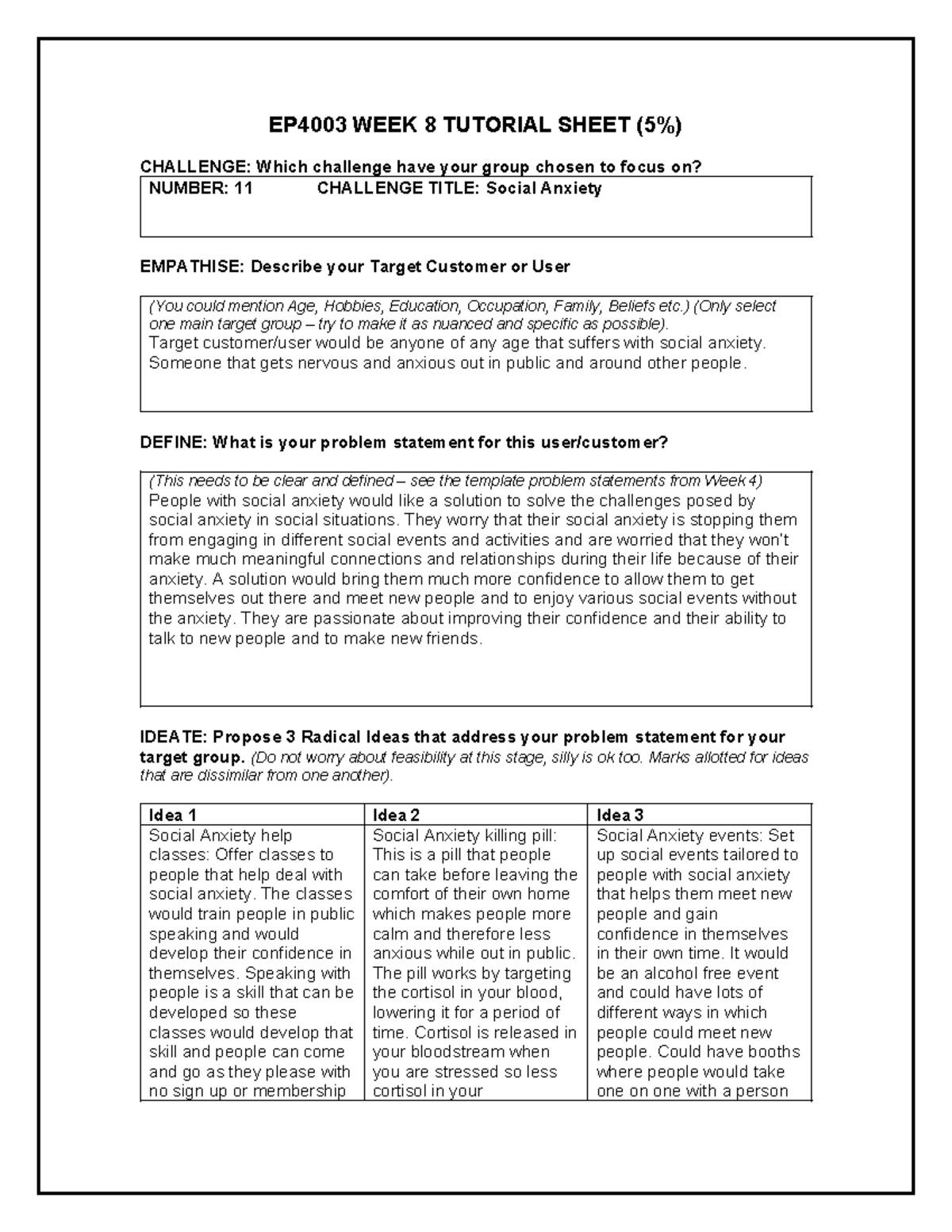 Tutorial Week 8 Worksheet - EP4003 WEEK 8 TUTORIAL SHEET (5%) CHALLENGE ...