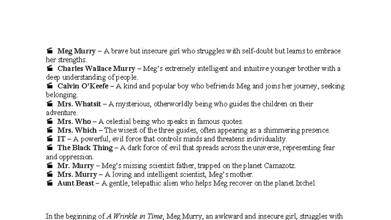 A Wrinkle in Time (ENG 101) Book Report: Character Analysis & Themes ...