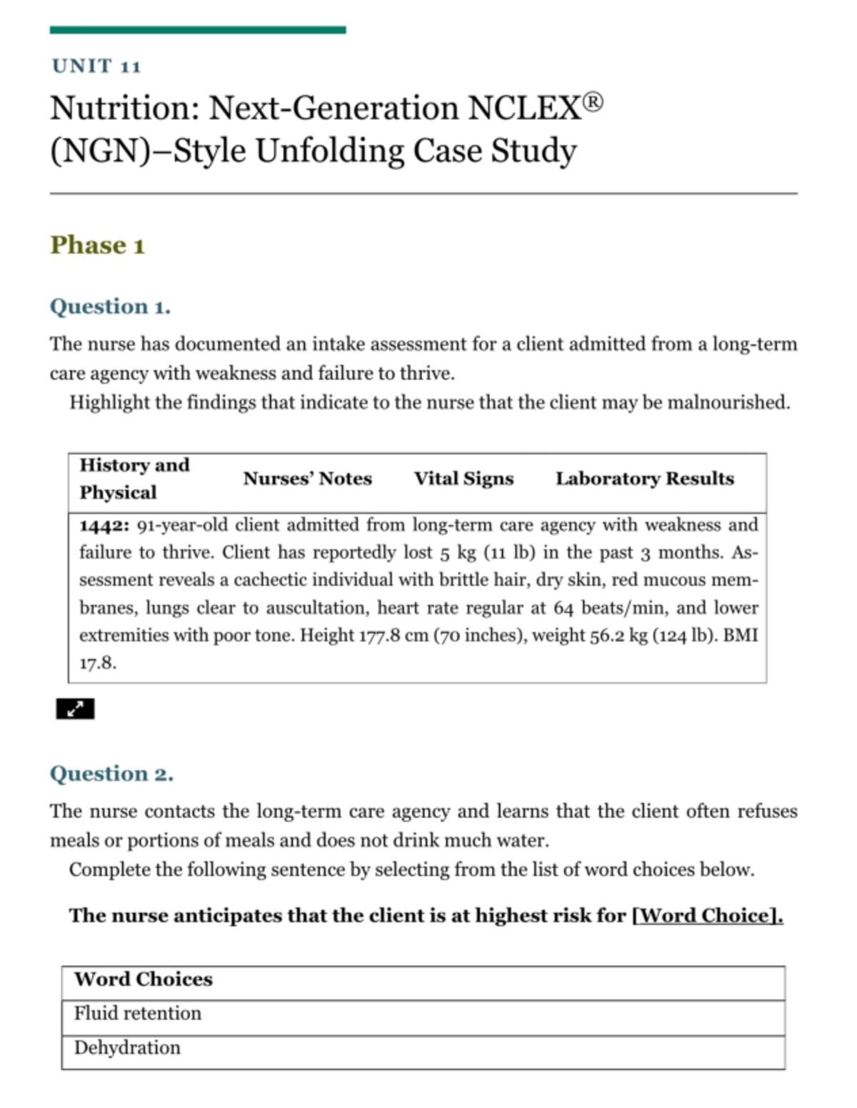 Unfolding Case Study Unit 11 - UNIT 11 Nutrition: NCLEX R Unfolding ...