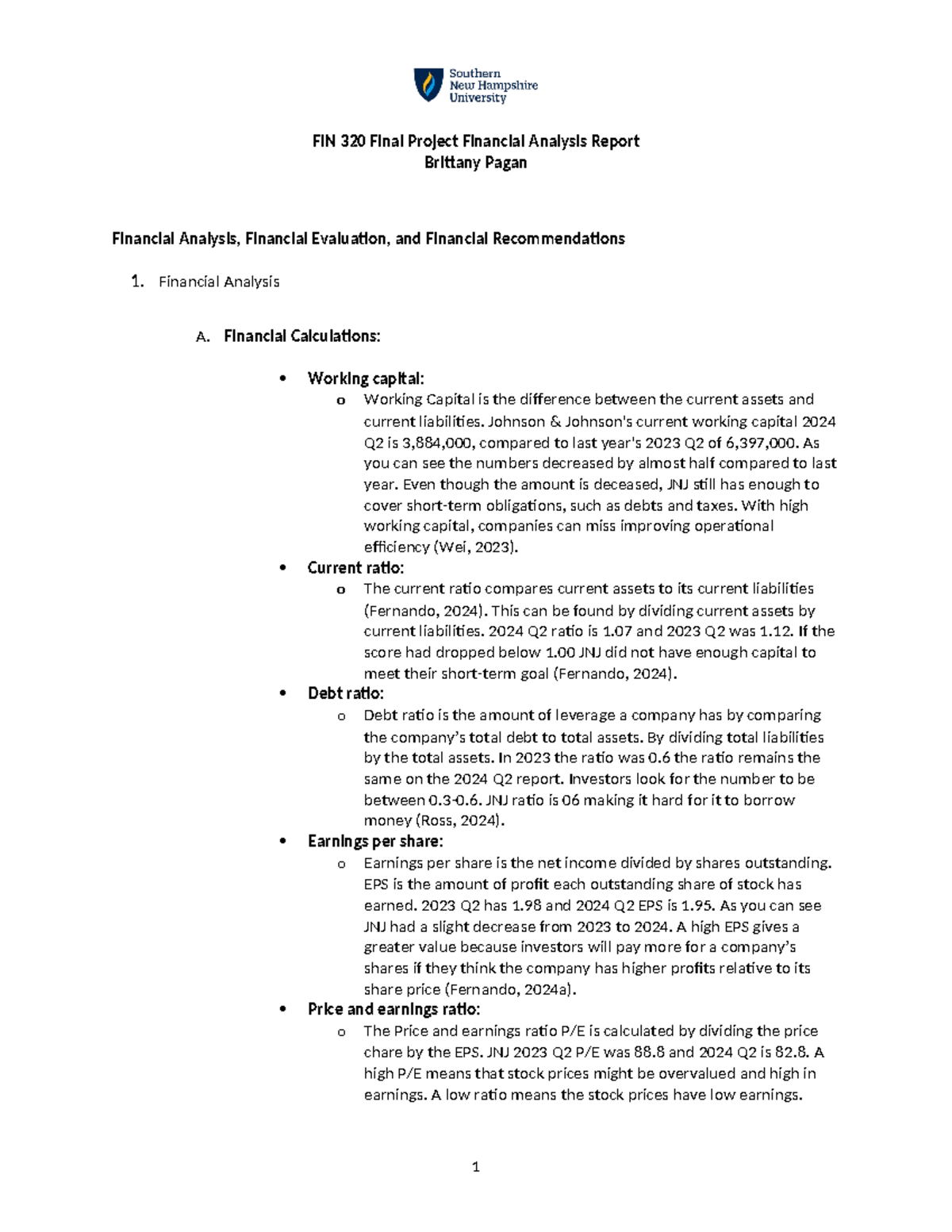 FIN 320 Final Project: Comprehensive Financial Analysis Report - Studocu