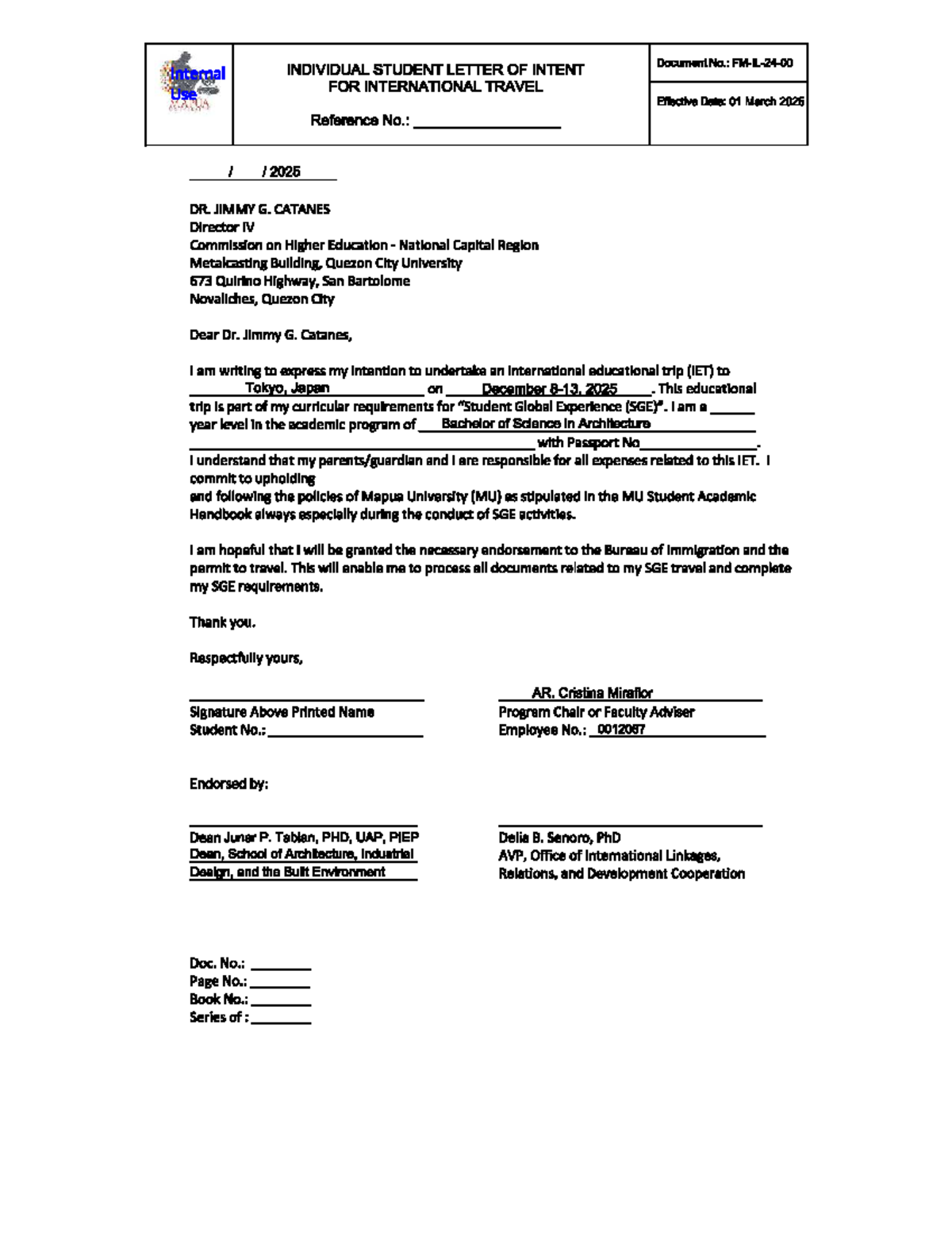 Letter of Intent for International Travel - BS Architecture - Studocu