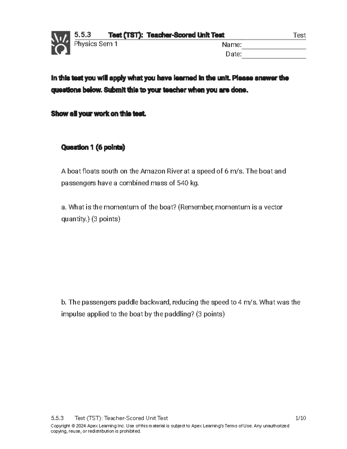 Teacher-Scored Unit Test (TST) - Physics Sem 1 Comprehensive Review ...