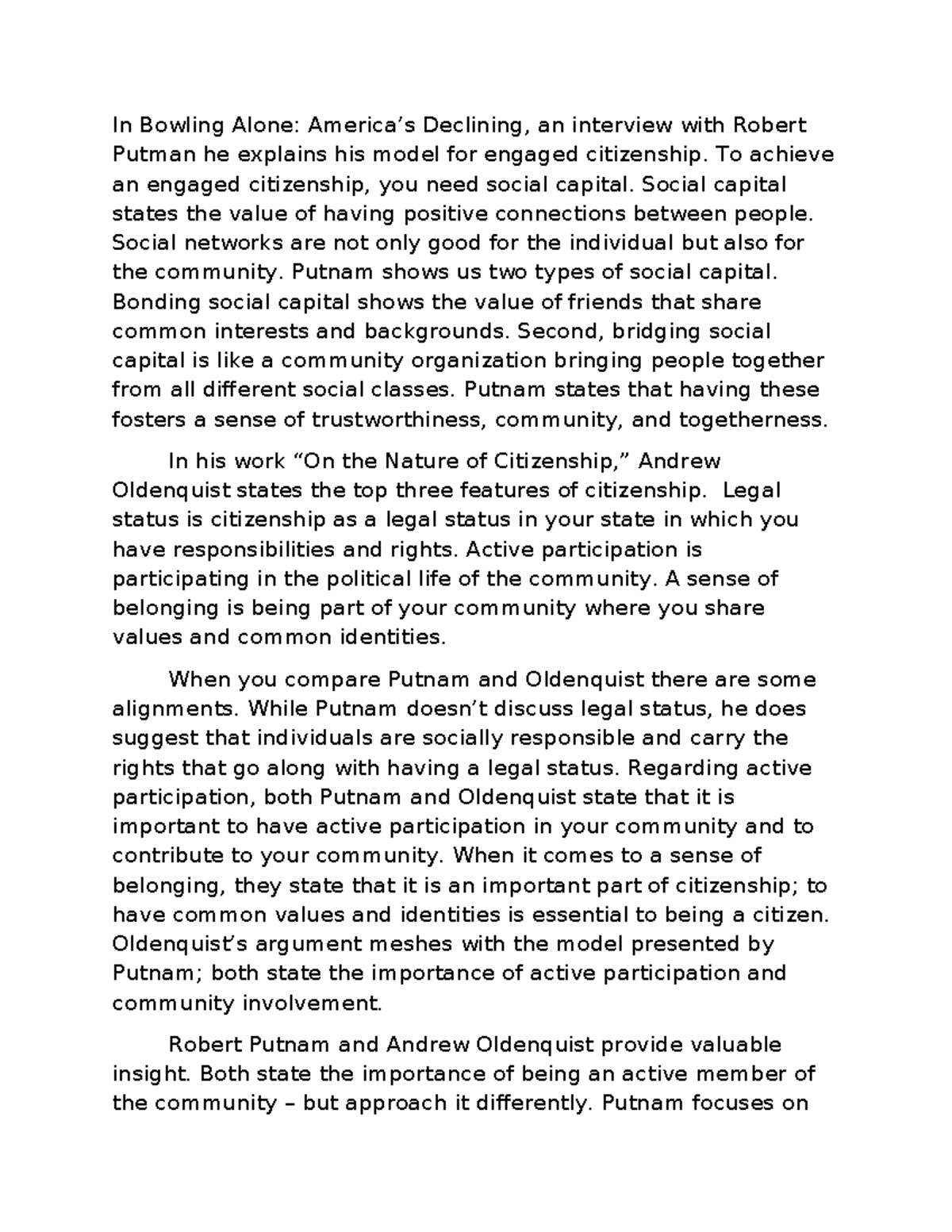 SOC 101 - Engaged Citizenship: Insights from Putnam & Oldenquist - Studocu