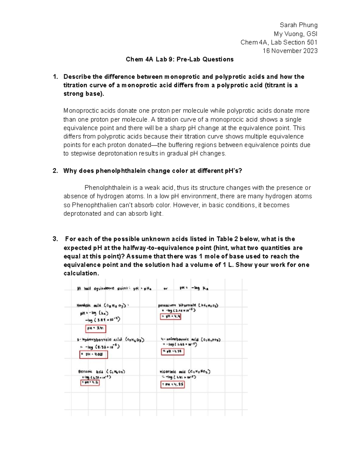 Chem 4A Lab 9 Pre Lab - lab 9 prelab - Sarah Phung My Vuong, GSI Chem 4A, Lab Section 501 16 ...