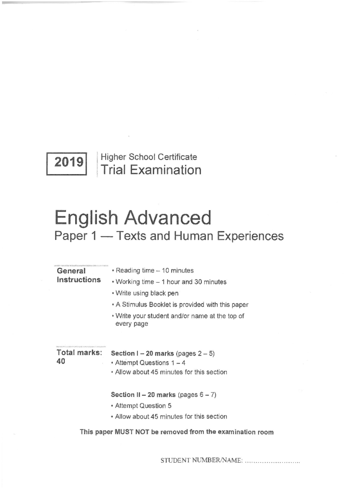 2019 HSC Trial Exam: English Adv Paper 1 - Texts & Human Experiences ...