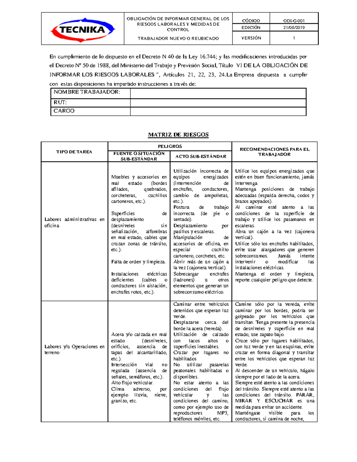 ODI General(ODI-G-001) PDF - RIESGOS LABORALES Y MEDIDAS DE CONTROL TRABAJADOR NUEVO O REUBICADO ...