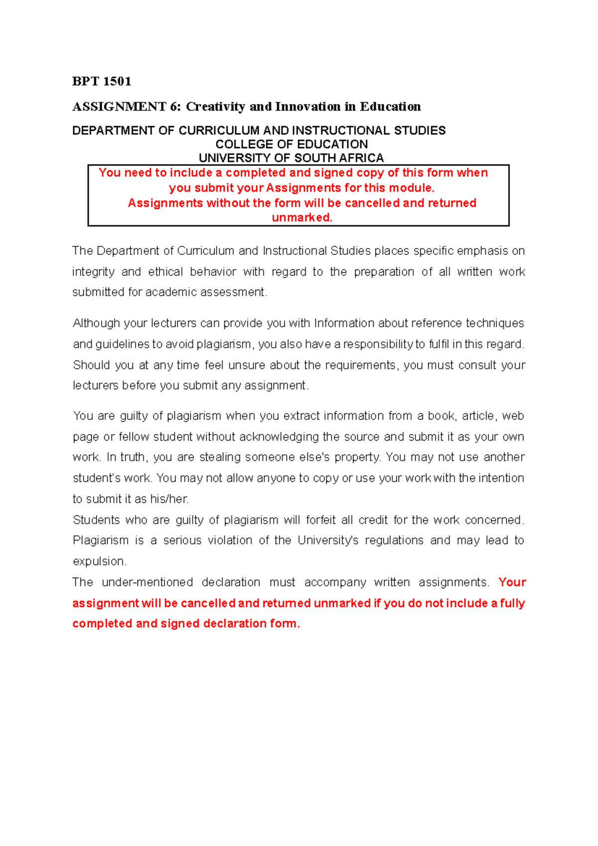 BPT 1501 ASSIGNMENT 6: Creativity & Innovation in Education Overview ...